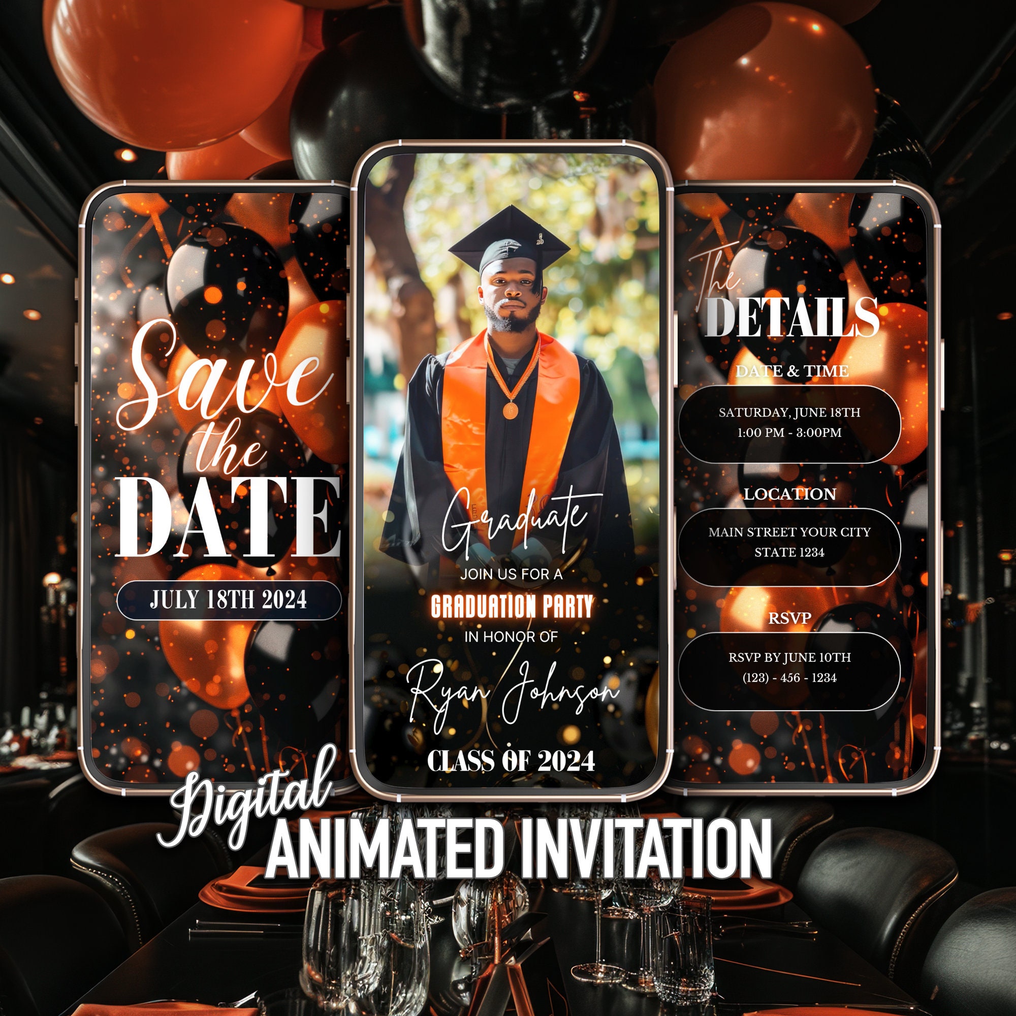 Black and Orange Graduation Invitation: Editable Template (instant ...