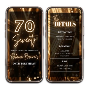 Editable 70th Birthday Invitation, Seventy Invitation, Black and Gold ...
