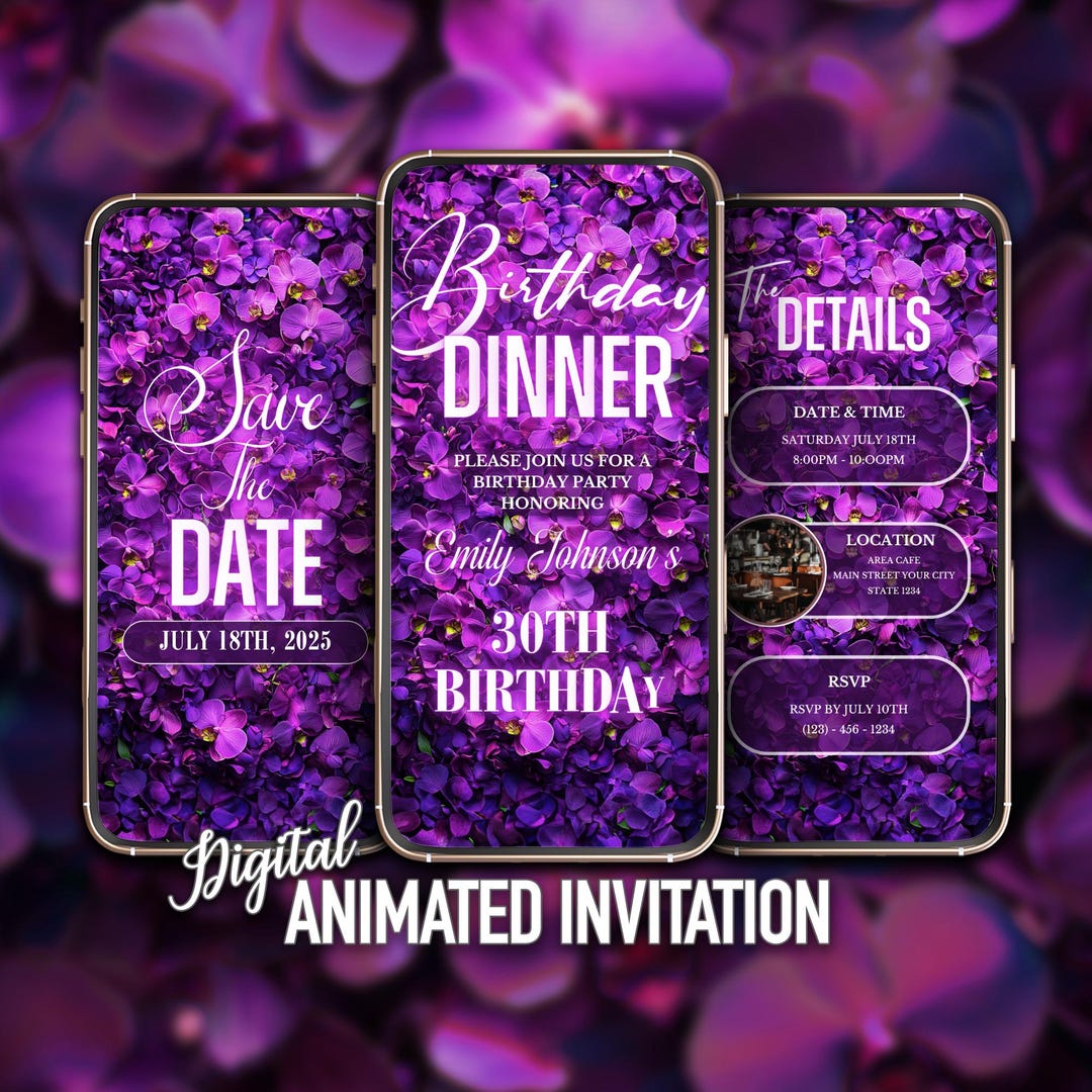 Editable Save the Date Purple Birthday Dinner Invitation, Purple Orchid ...