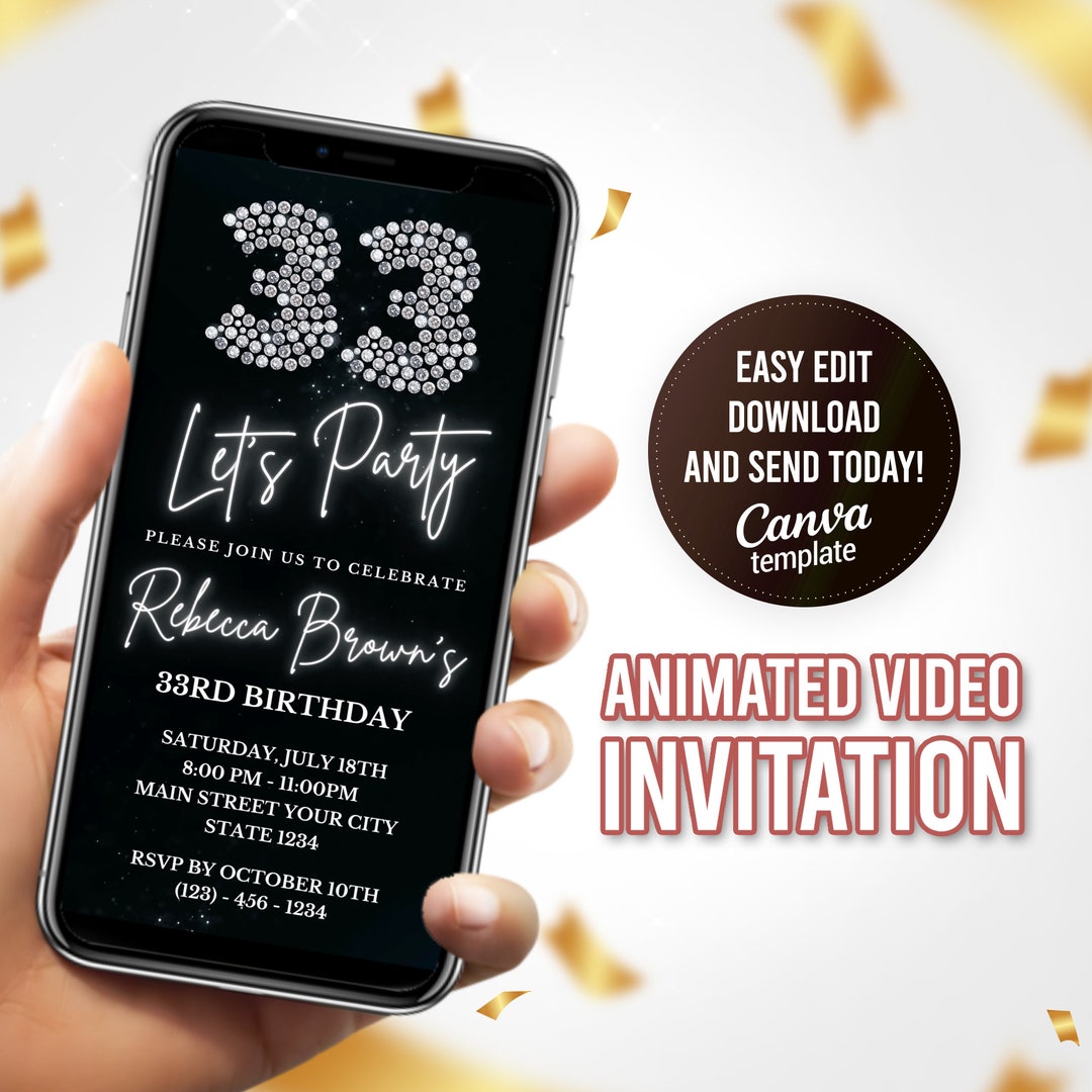 Digital 33rd Birthday Invitation, 33rd Bday Party Invite, Black and ...
