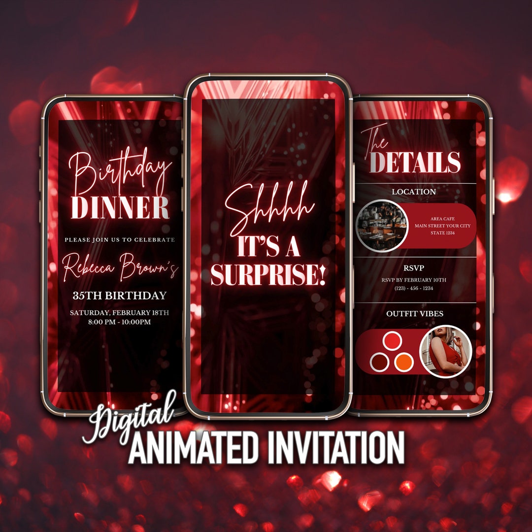 Digital Red Surprise Birthday Dinner Invitation, Electronic Invite, Shhh It's a Surprise ...