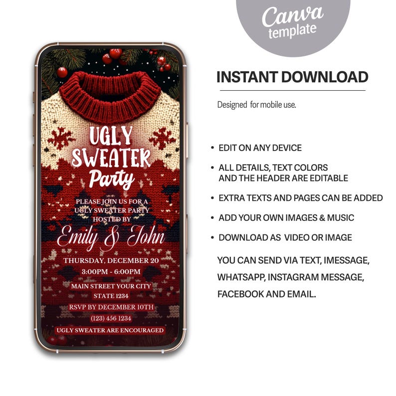 Digital Ugly Sweater Party Invitation, Editable Christmas Ugly Sweater ...