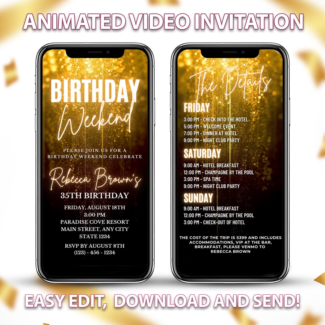 Digital Weekend Itinerary Black and Gold Birthday Invitation, Electronic Gold Itinerary Invite ...