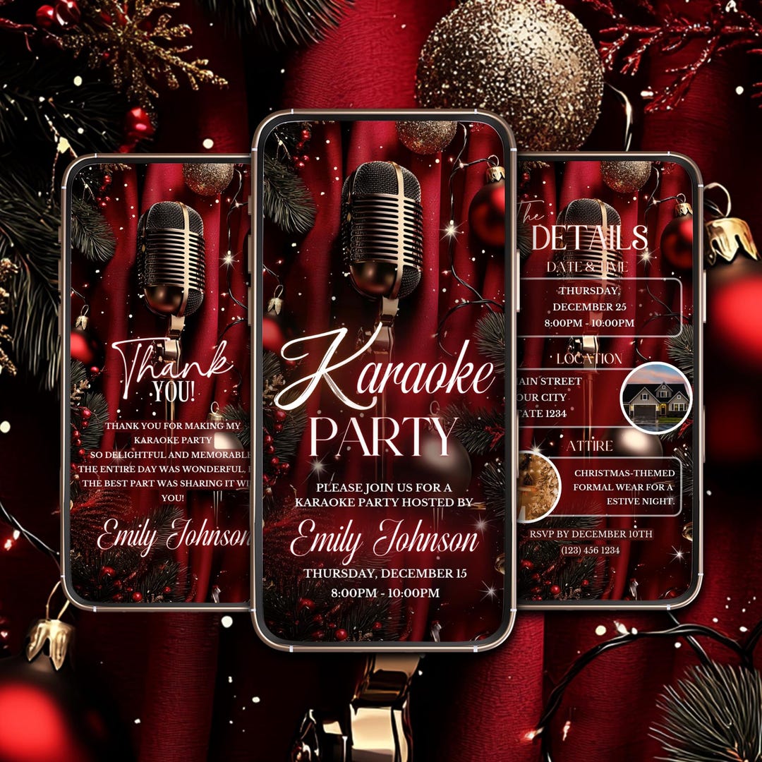 Red Christmas Karaoke Party Invitation, Editable Holiday Karaoke Invite ...