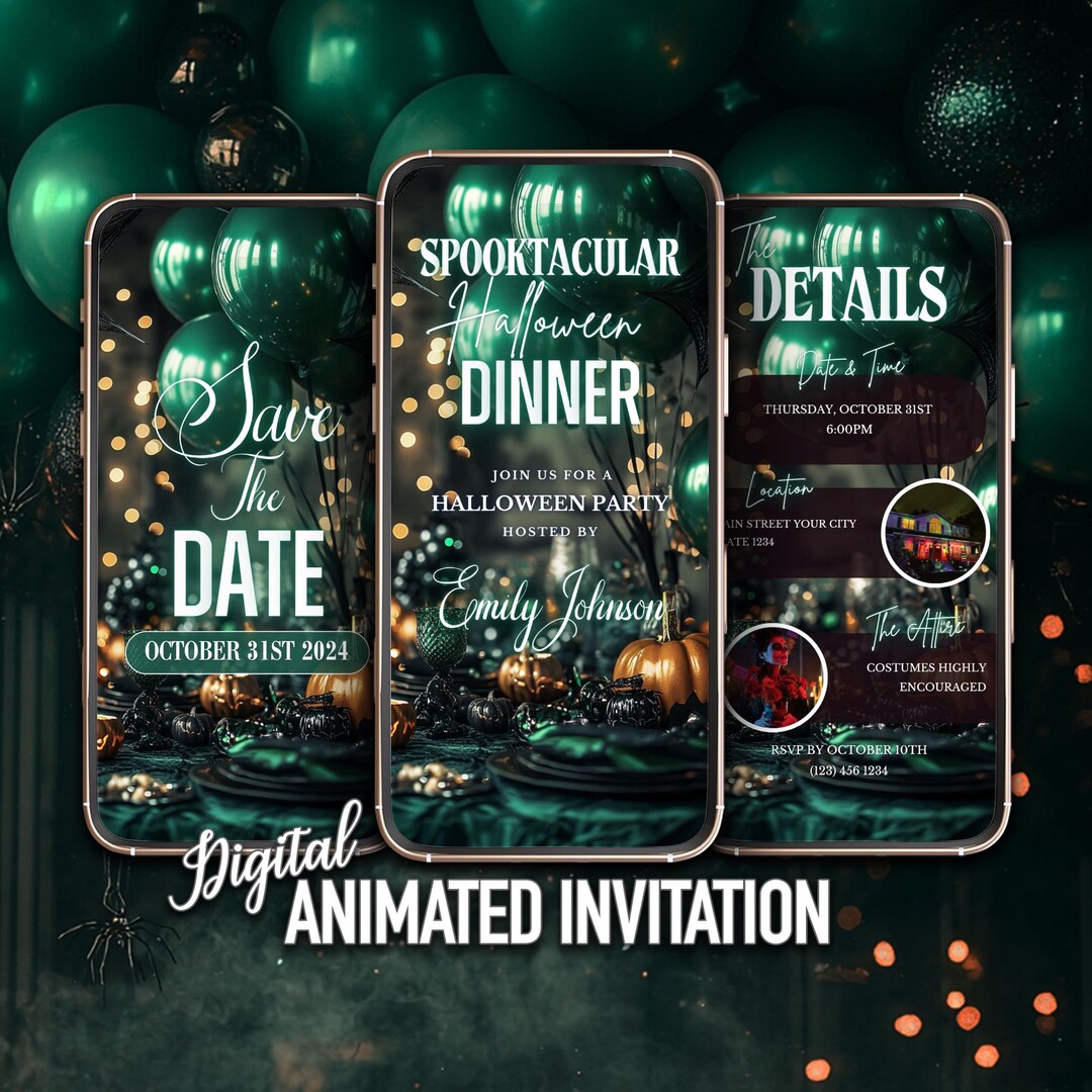 Emerald Green Save the Date Halloween Dinner Invitation, Editable ...
