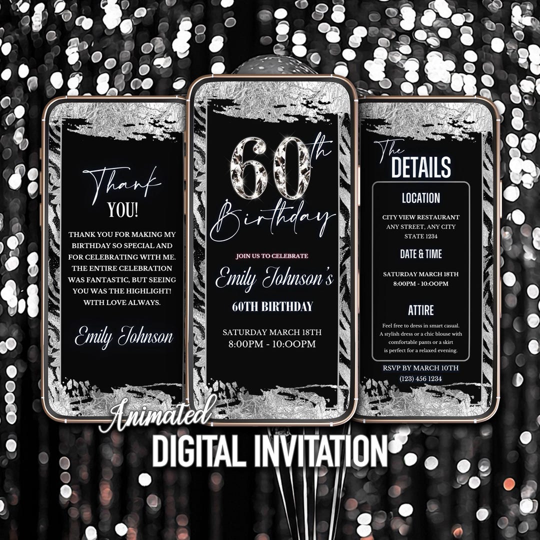 Digital Silver & Black 60th Birthday Invitation, 60th Birthday Invite ...