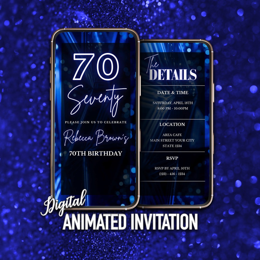 Digital Blue 70th Birthday Invitation, Editable Video Invitation ...
