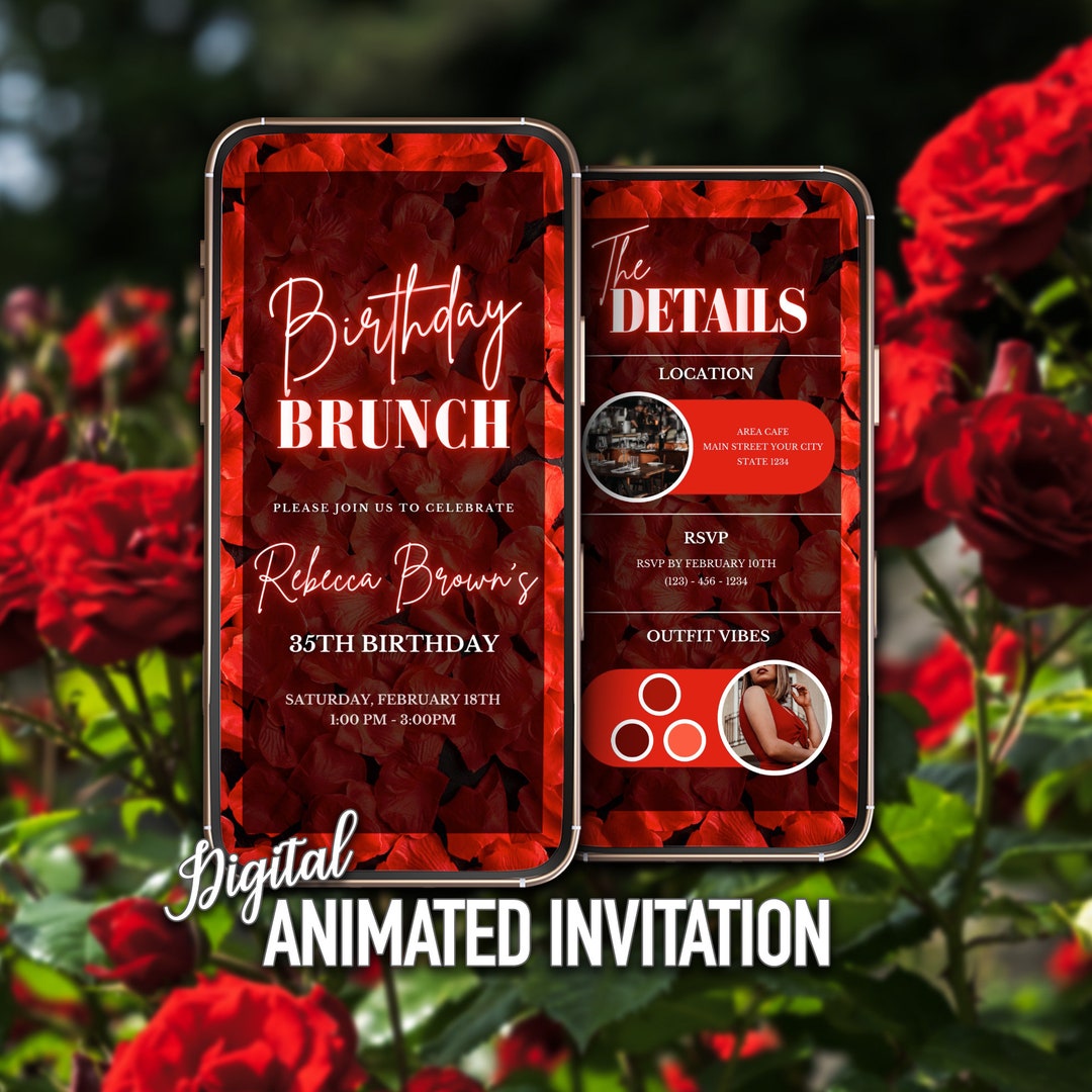 Red Rose Birthday Brunch Invitation, Flower Brunch Invite, Invitation ...