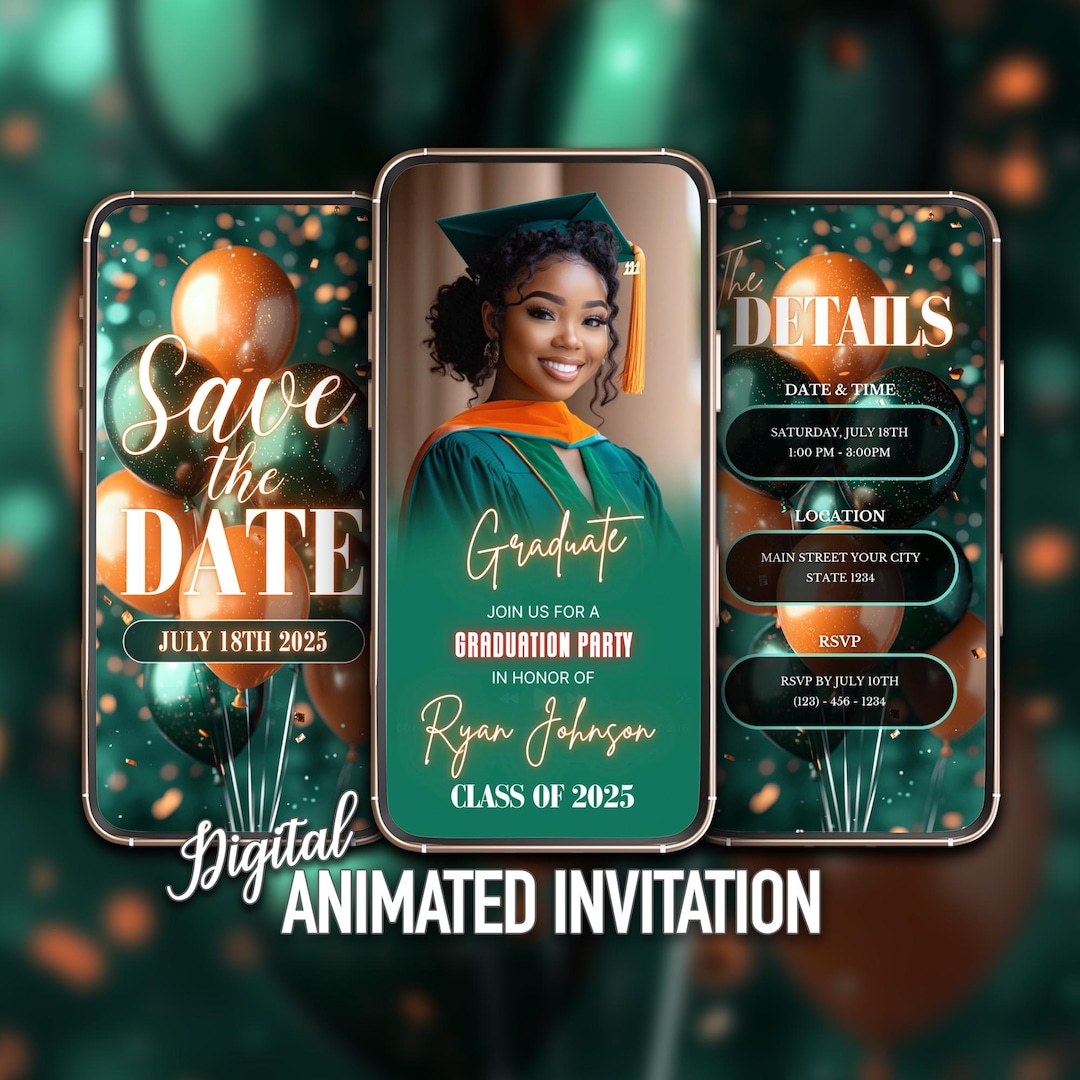 Emerald Green and Orange Graduation Invitation, Class of 2025, Editable ...