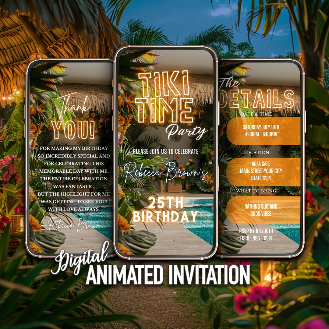 Editable Tiki Time Pool Invitation, Digital Tropical Party Template ...