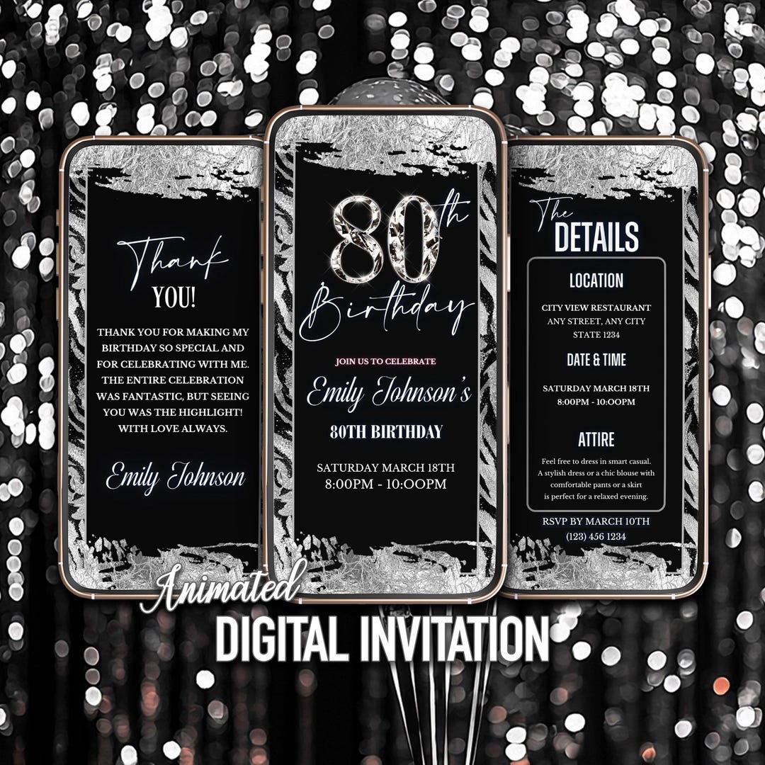 Digital Silver & Black 80th Birthday Invitation, 80th Birthday Invite ...