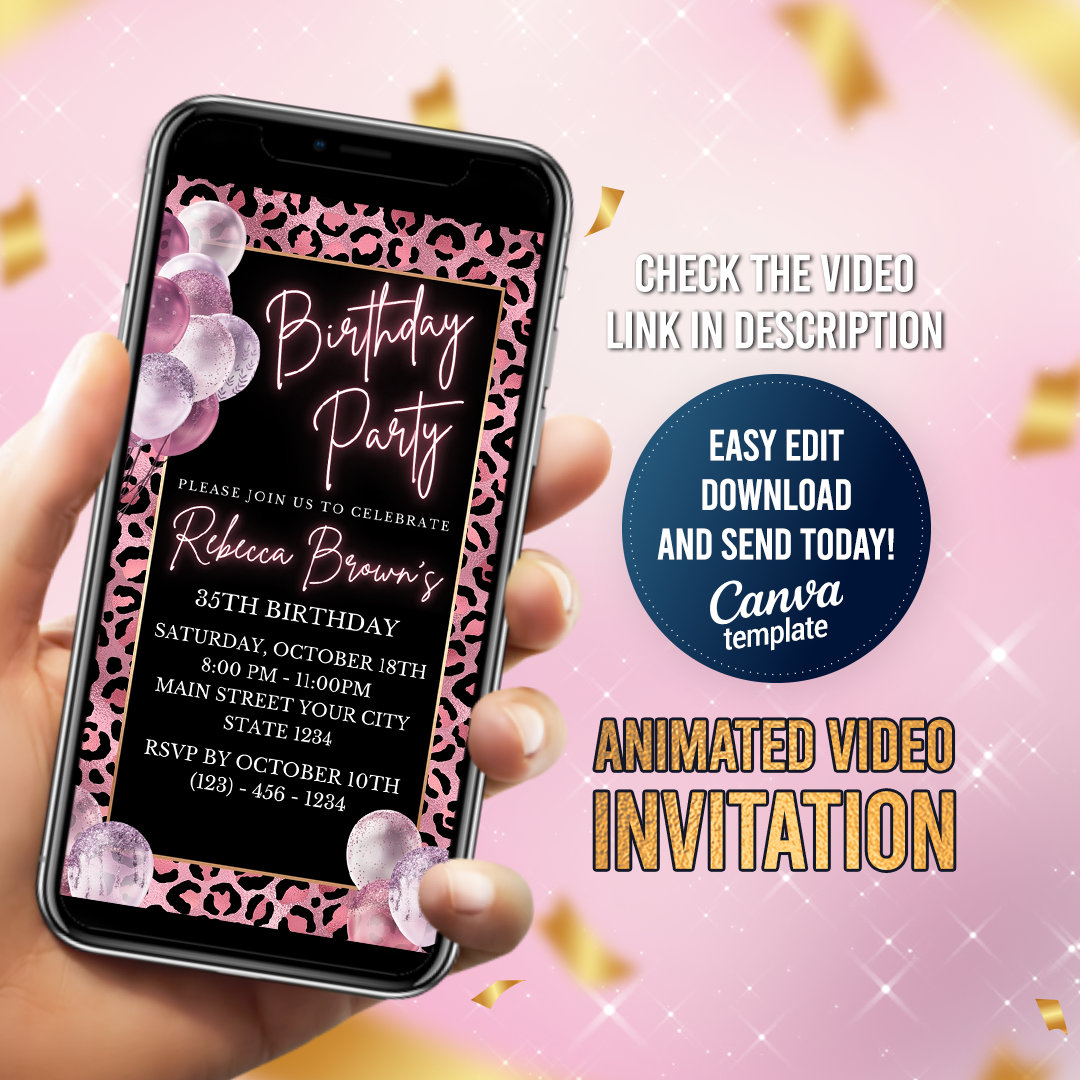 Electronic Pink Leopard Birthday Party Invitation Editable - Etsy