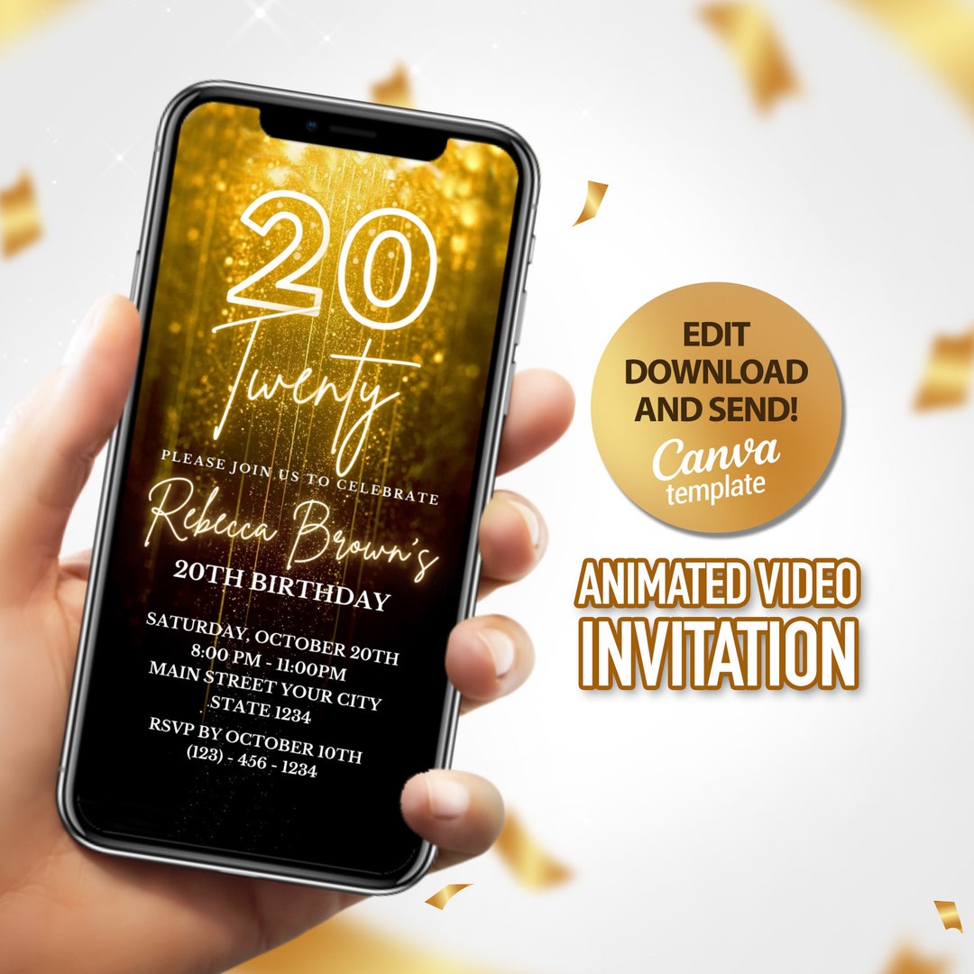 Digital 20th Birthday Invitation, Gold Invite, Any Age, Women Birthday ...