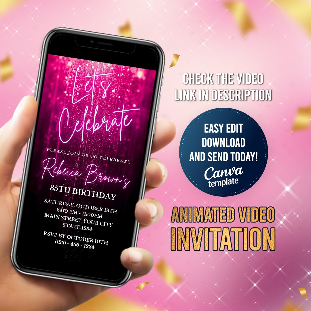 Let's Celebrate Pink Electronic Birthday Invitation, Neon Party Invite ...