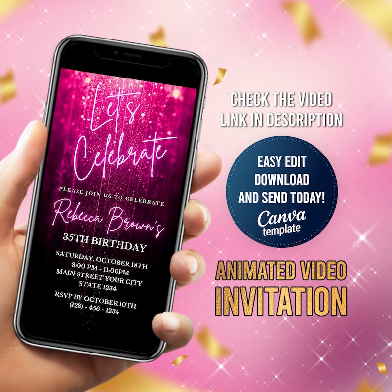 Let's Celebrate Pink Electronic Birthday Invitation Neon - Etsy