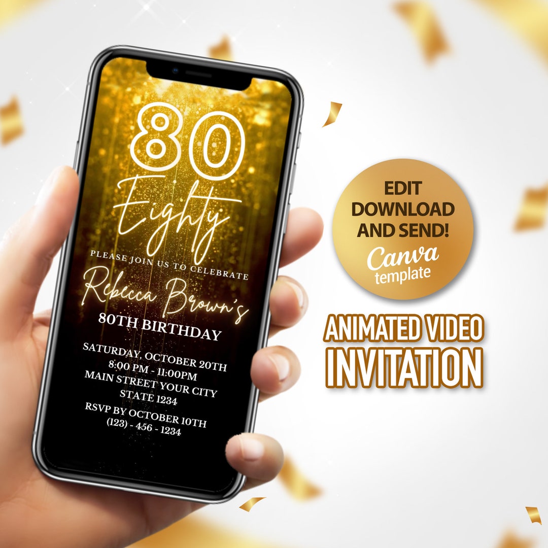 80th Birthday Invitation, Eighty Party, Gold Invite, Editable ...