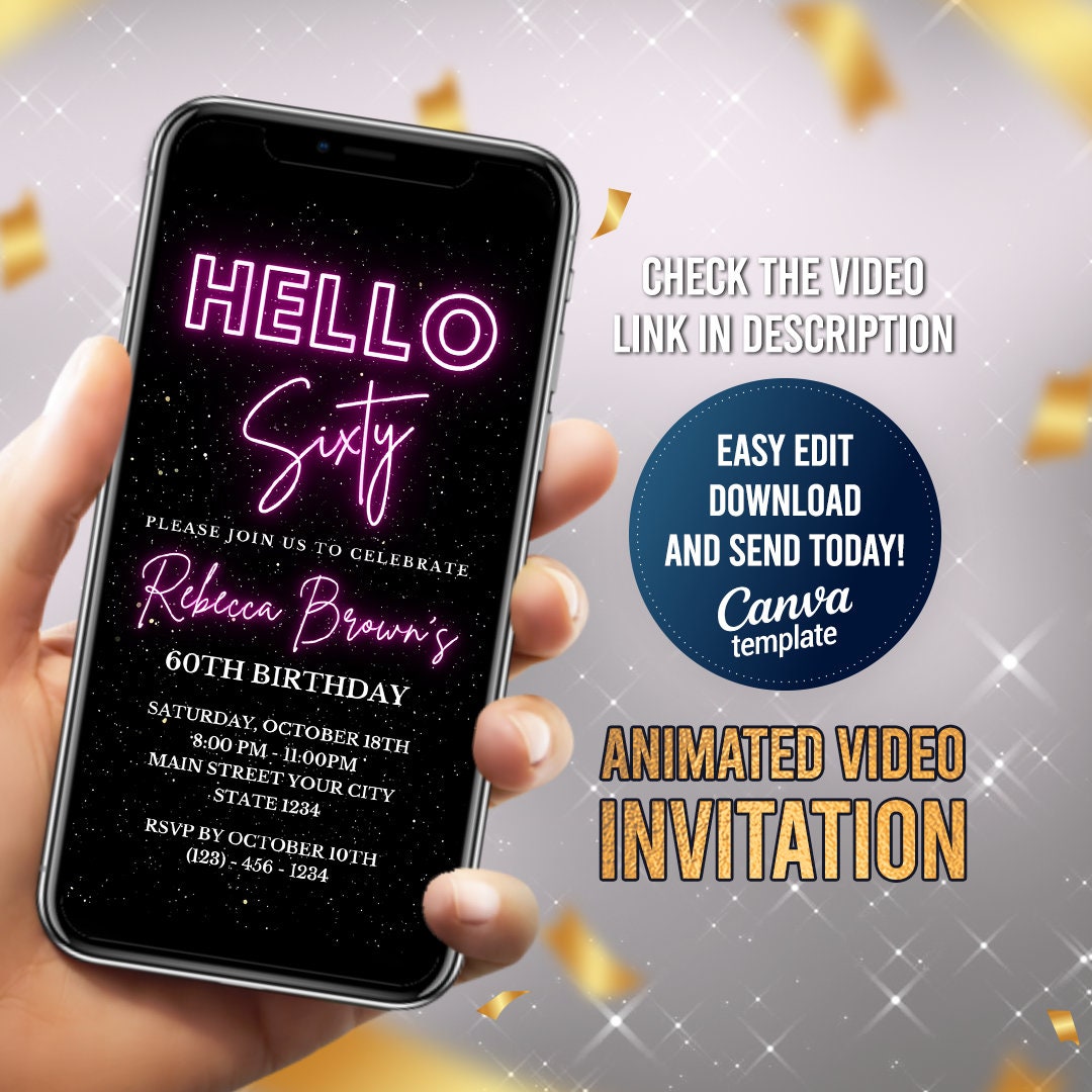 Digital Hello Sixty Birthday Invitation, Women 50th Party Invite ...