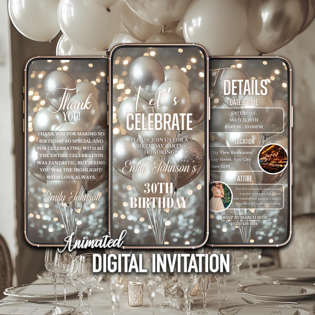 Editable Birthday Party Invitation: White Balloons, Let's Celebrate ...