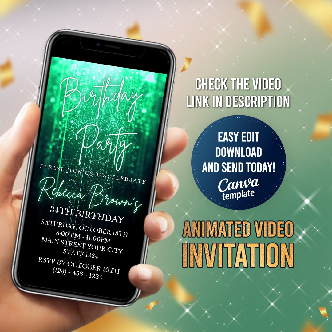 Editable Emerald Green Birthday Party Invitation, Electronic Party ...