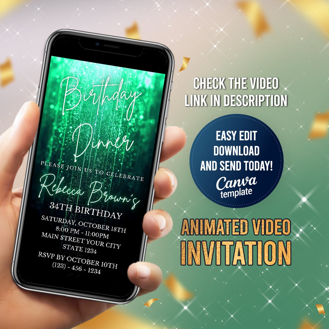 Electronic Emerald Green Birthday Dinner Video Invitation, Editable ...
