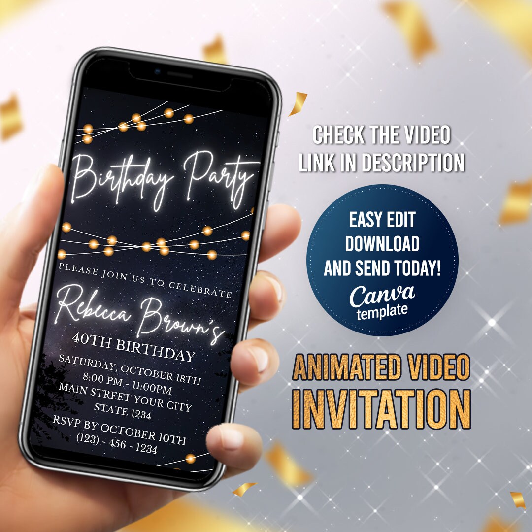 Digital Birthday Party Invitation, Night Sky Electronic Invite, Neon ...