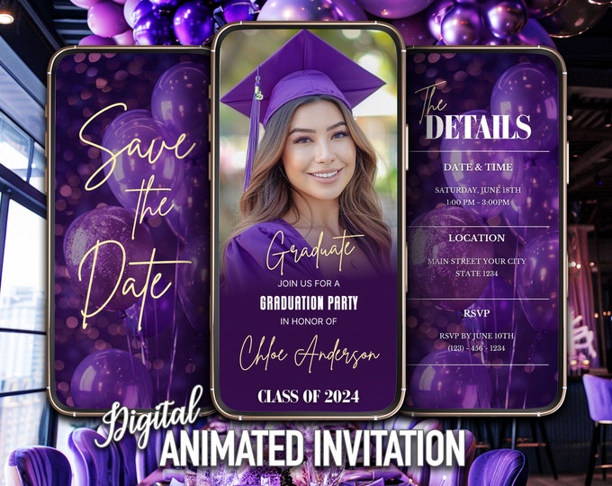 Purple Graduation Invitation: Class of 2024, Editable Template (digital ...