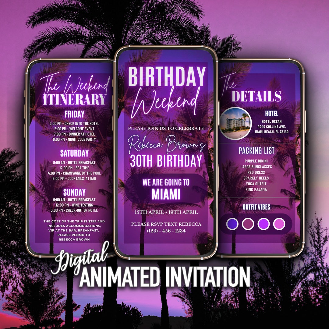 Purple Birthday Weekend Invitation, Girls Trip Birthday Itinerary ...
