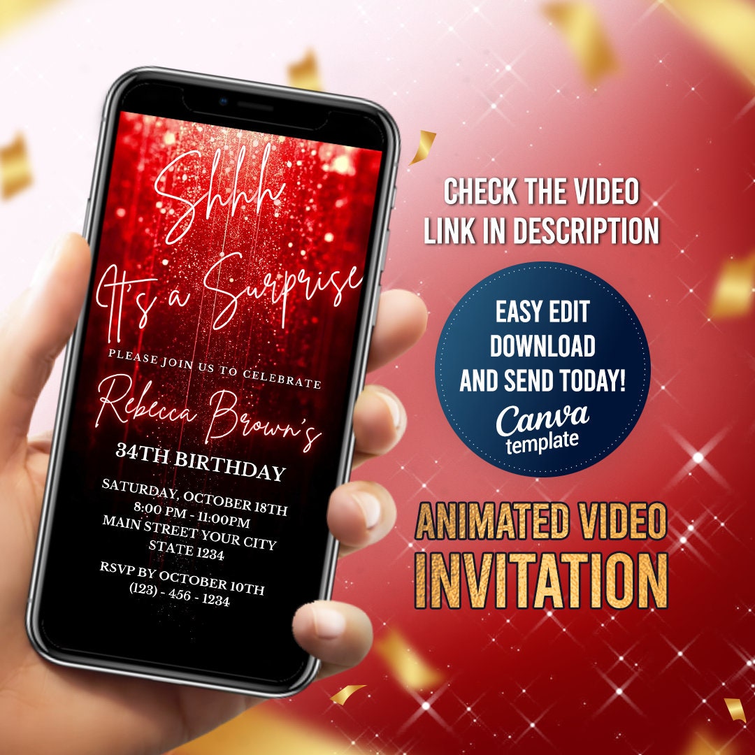 Red Surprise Birthday Invitation: Electronic Mobile Evite (digital ...