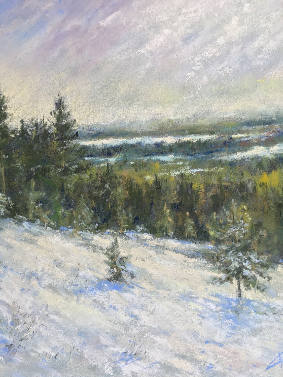 Winter Mountains Forestscape Soft Pastel Wall Art Home Decor Drawing ...