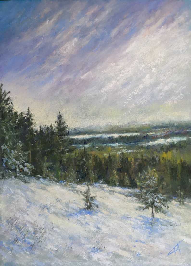 Winter Mountains Forestscape Soft Pastel Wall Art Home Decor Drawing ...