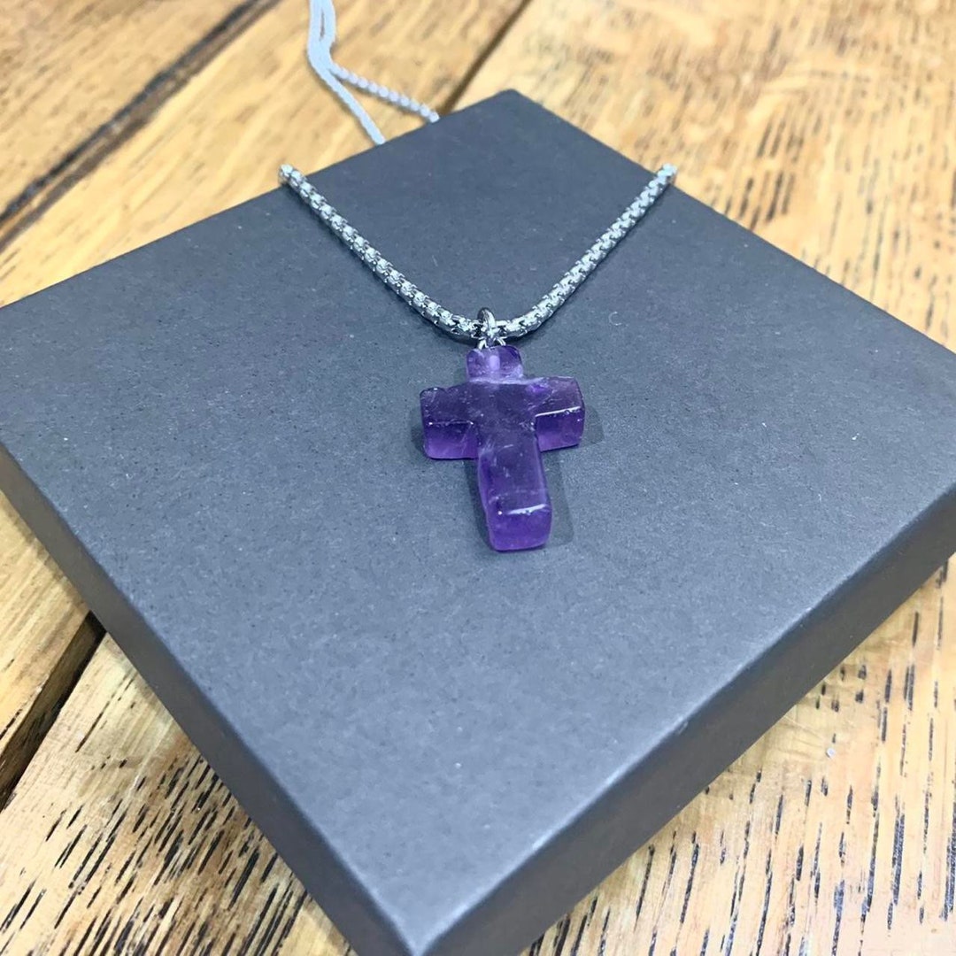 Stone Cross Pendant Amethyst With Venetian Chain - Etsy
