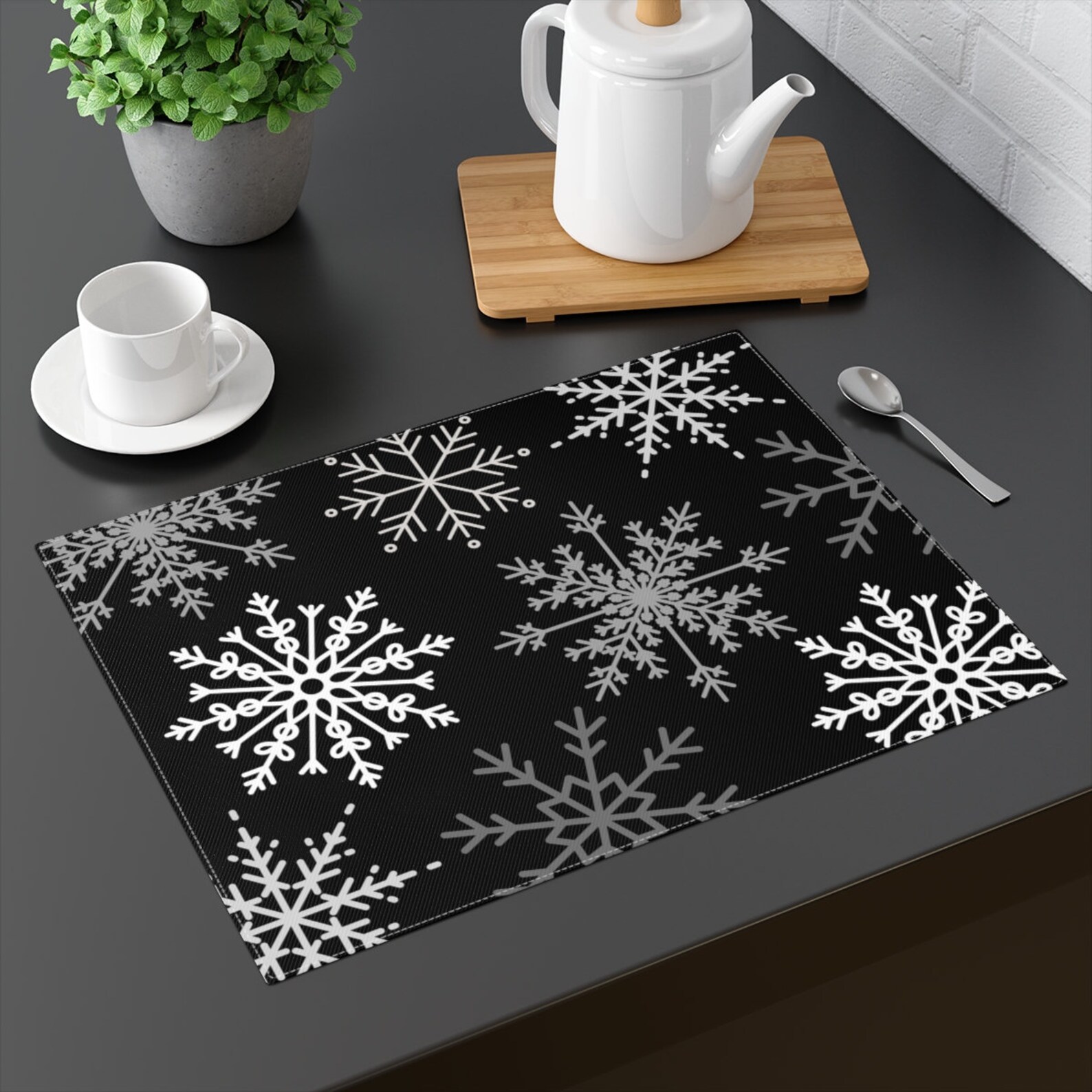 Christmas Placemat Snowflake Decor Xmas Dining Black and White ...