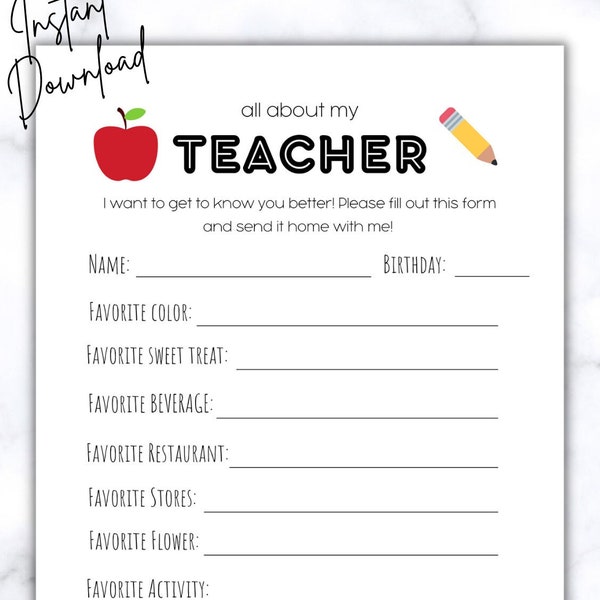 Teacher Appreciation Questionnaire Thank You for Being A Great Teacher ...