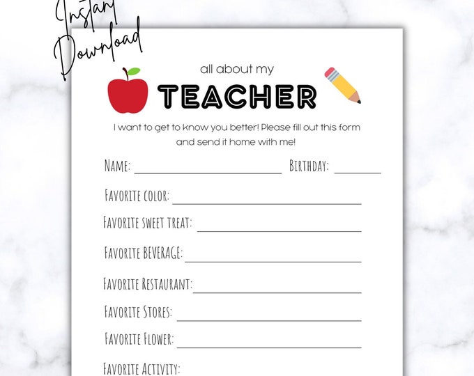 All About My Teacher Questionnaire for Teachers Get to Know My - Etsy