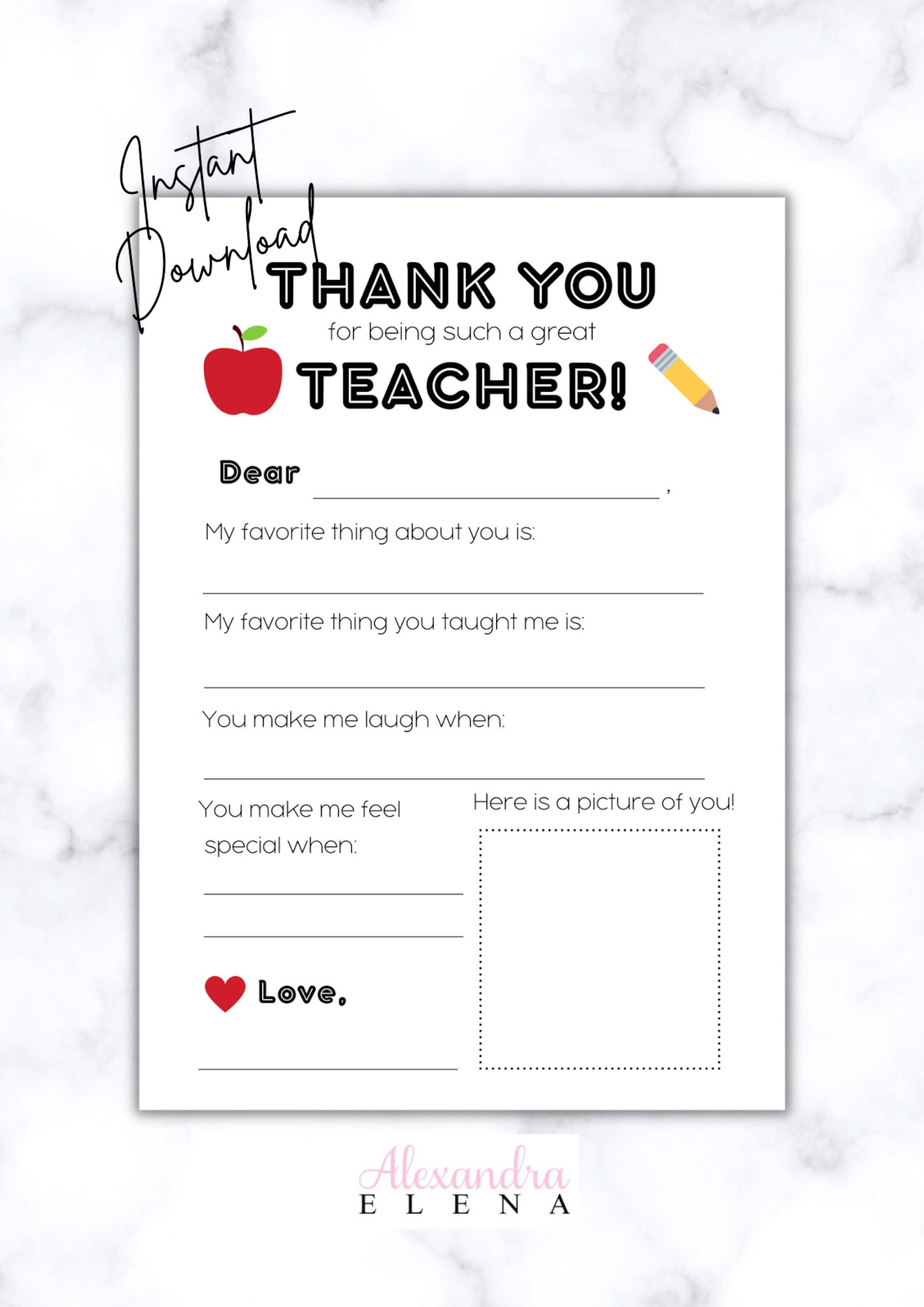 Teacher Appreciation Questionnaire Thank You for Being A Great Teacher ...
