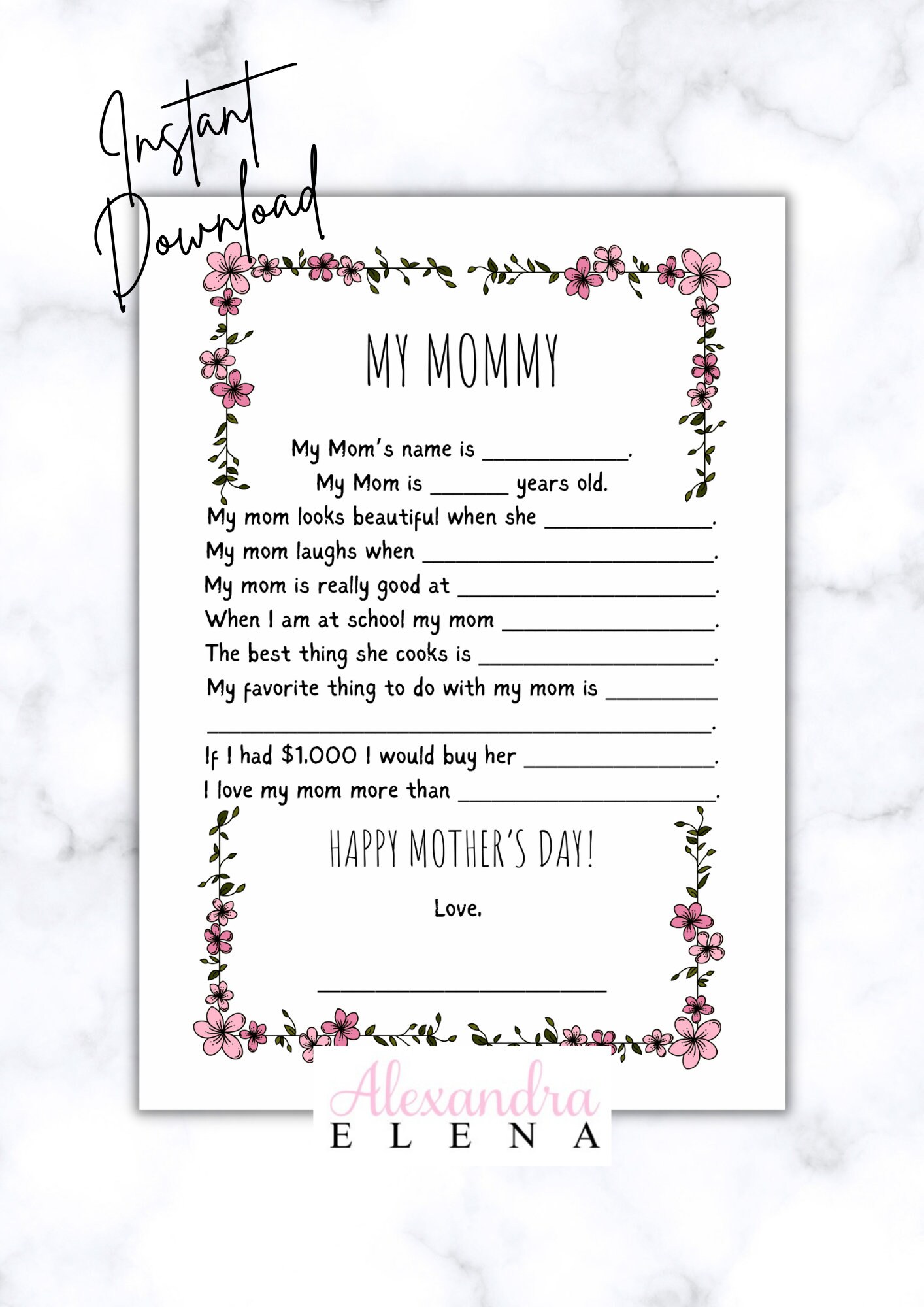 My Mommy Mother’s Day Questionnaire Printable Worksheet for Mom - Etsy
