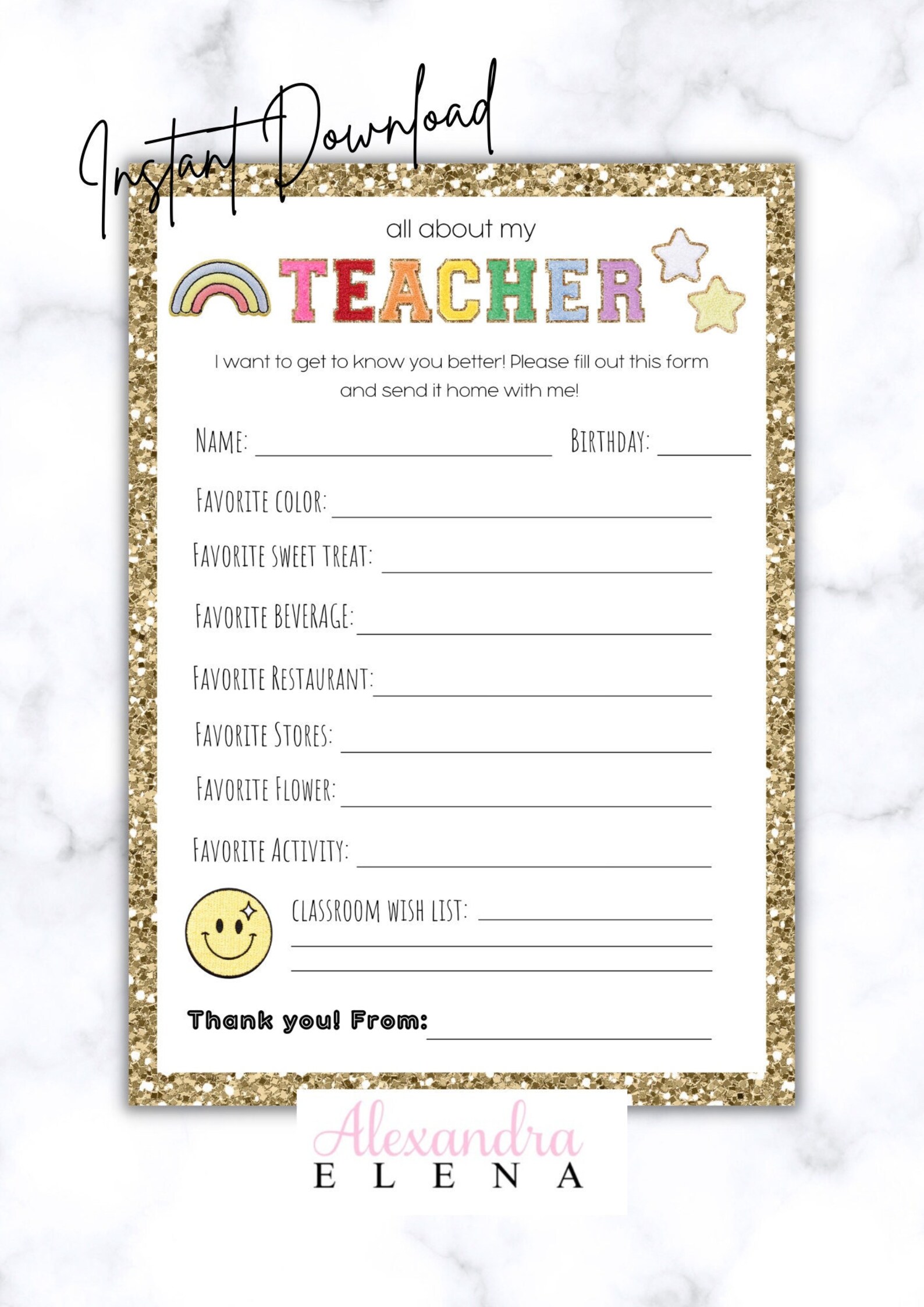 All About My Teacher Questionnaire for Teachers Glitter Varsity Letters ...