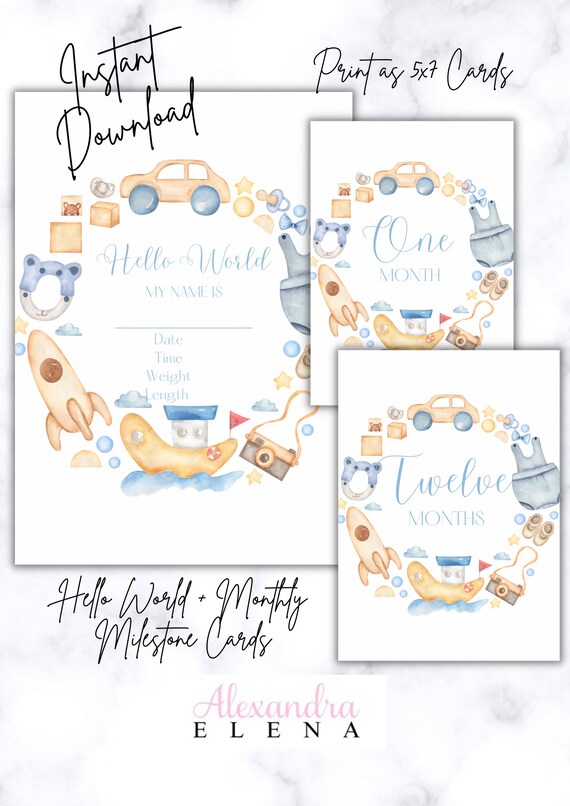 Milestone Marker Cards for Baby Boy Hello World and First Year - Etsy
