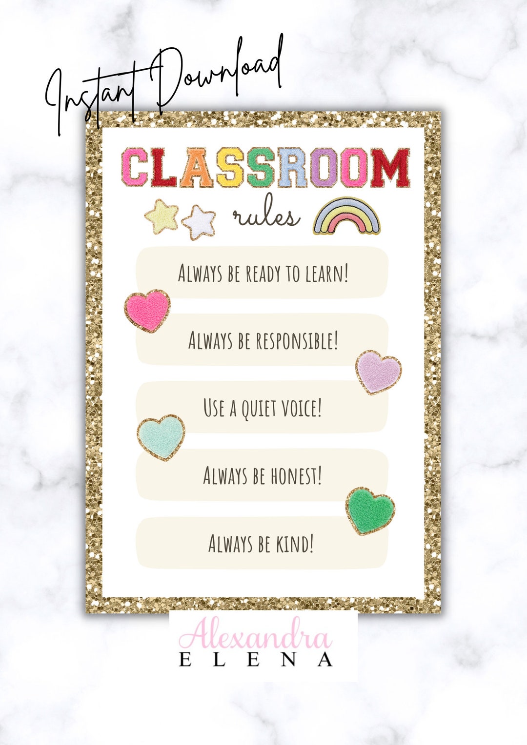 Classroom Rules Glitter Varsity Letters Printable PDF Classroom Decor ...