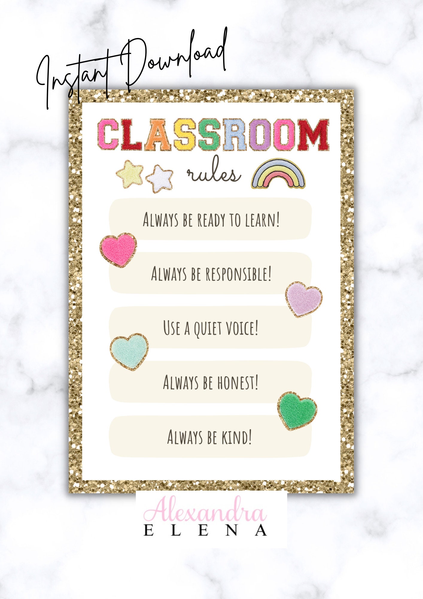 Classroom Rules Glitter Varsity Letters Printable PDF Classroom Decor ...