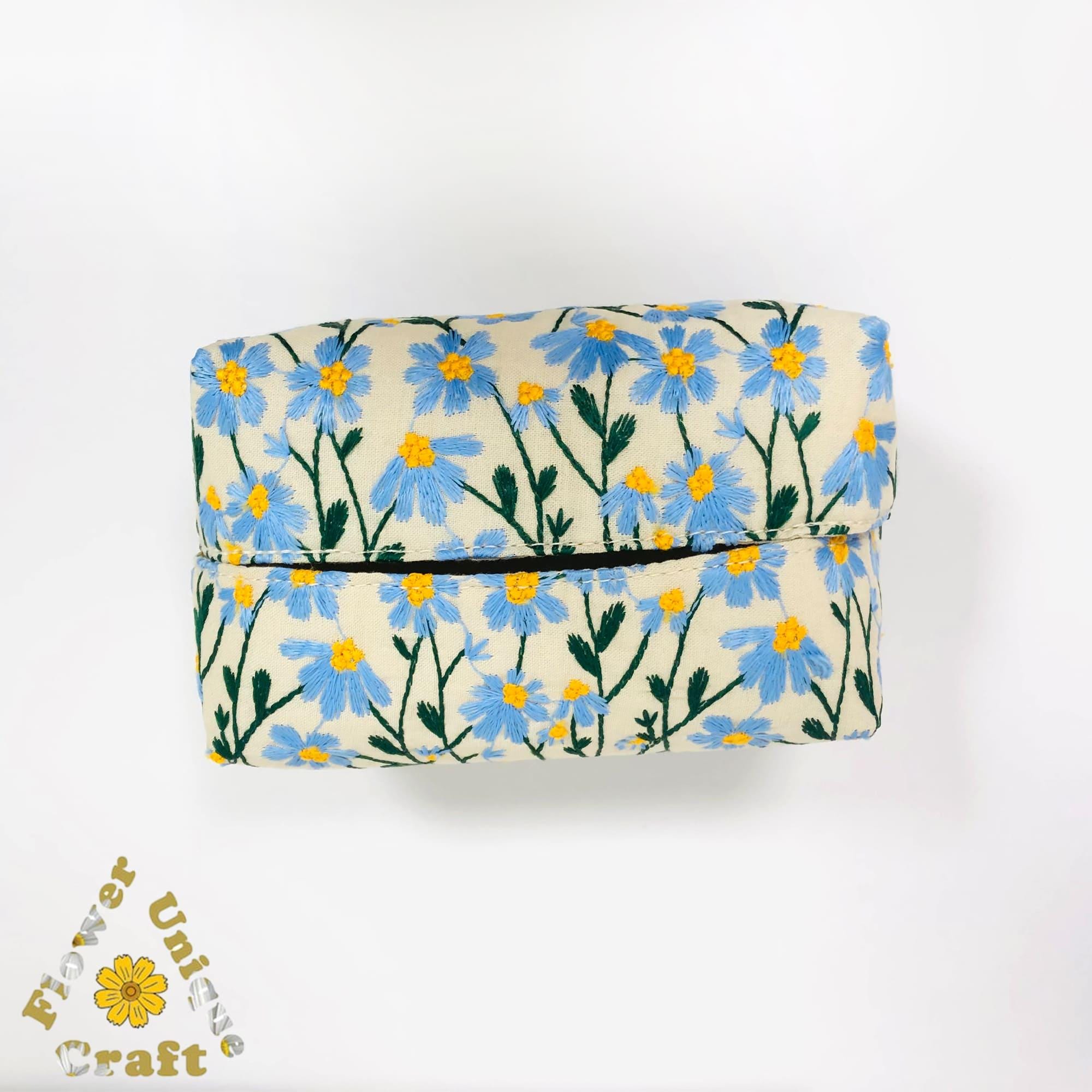 Hand Embroidered Blue Daisy Fabric Tissue Cover Box With Cotton Muslin ...