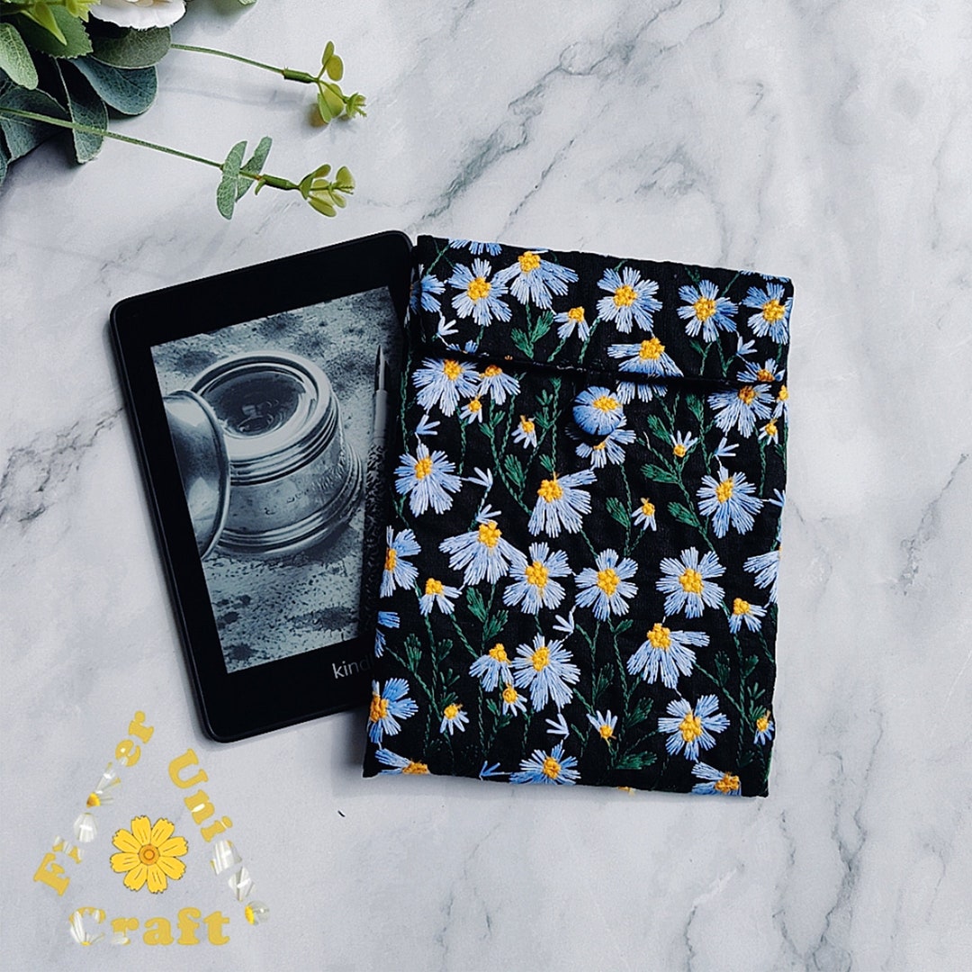 Black Fabric Blue Daisy Kindle Sleeve,padded Kindle Cover for ...