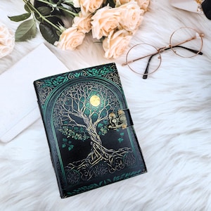 Tree & Moon Leather Journal, Leather Notebook, Sketchbook, Leather ...