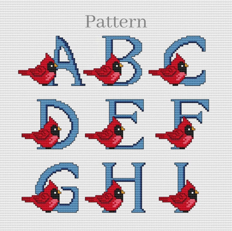 Christmas Alphabet Cross Stitch Pattern With Red Cardinals for Monogram ...