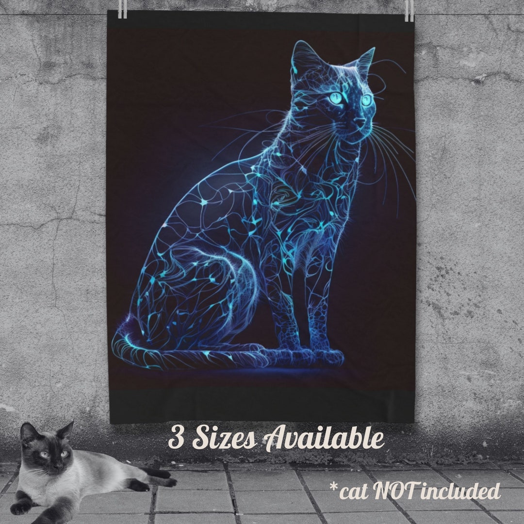 Blue Cat Etch Print Velveteen Blanket Gift for Cat Lover, Soft and Cozy ...