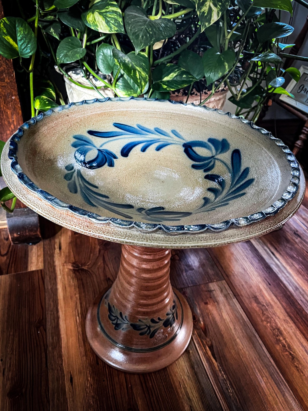 RARE Rowe Pottery Works English Bird Bath Blue Salt Glaze Flower ...