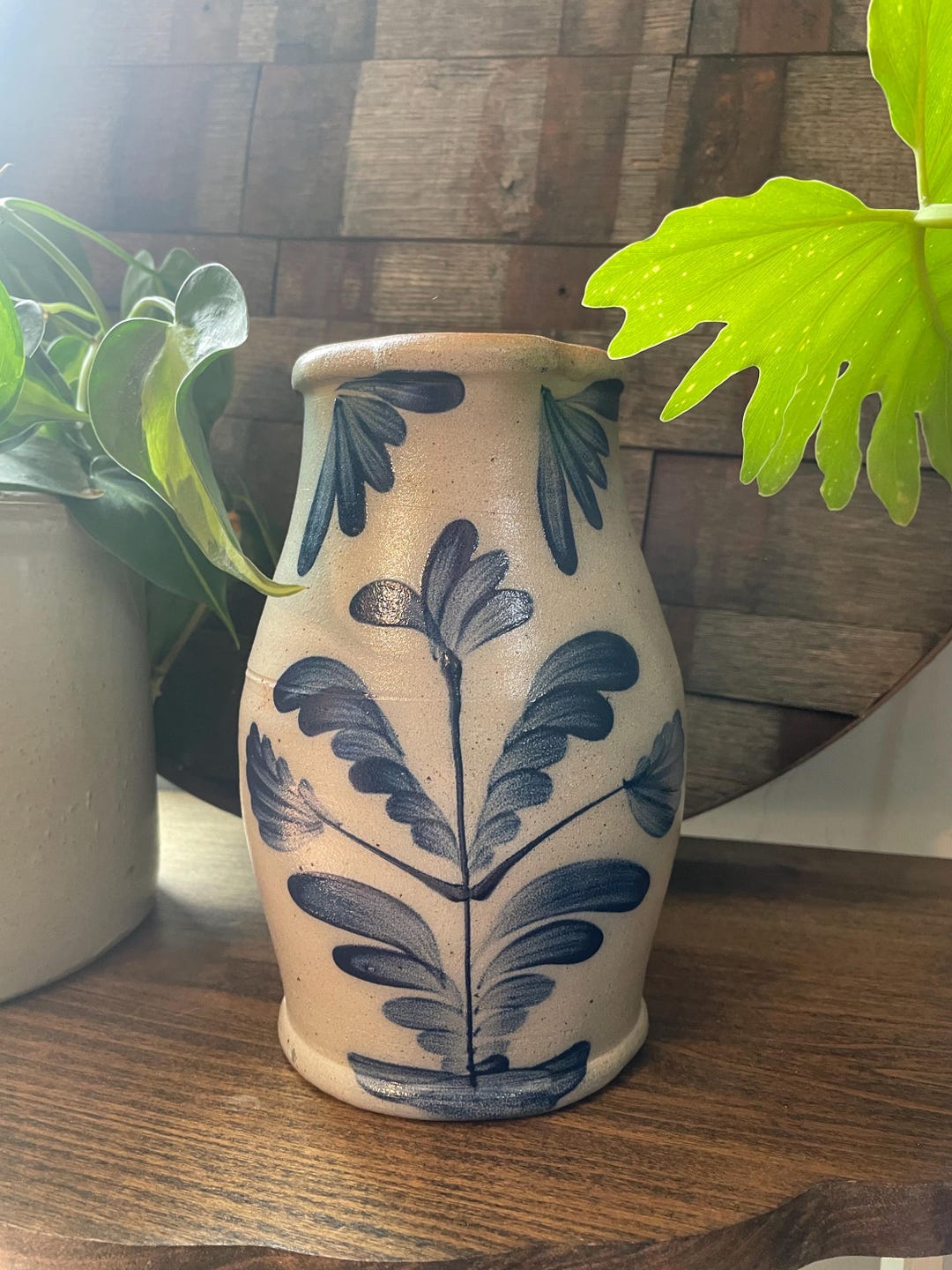Vintage 1988 Rowe Pottery Works Pitcher Stoneware 8.5 Inch Blue Flower ...