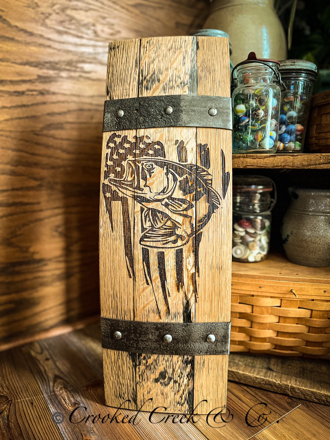 Whiskey Barrel Stave Wall Decor- Bass Fishing American Flag ...