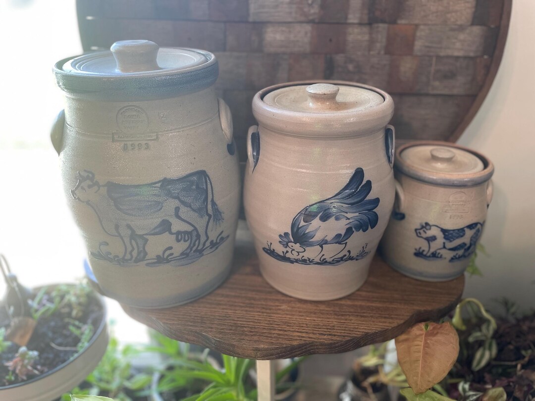 Rowe Pottery Works 1993 Crock/canister SET 3 Pc. Farm Animals Cow ...
