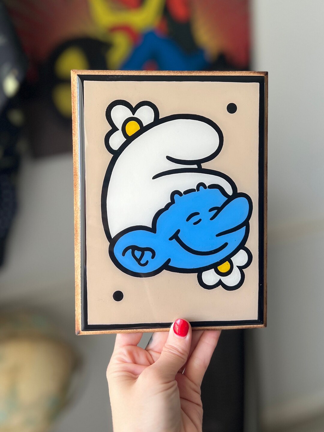 HANDPAINTED Vintage Smurf Daisy Design Painted on Wood Resin Finished ...